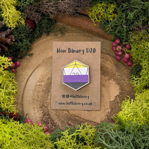 Non Binary Pride D20 Pin Badge - Luffleberry