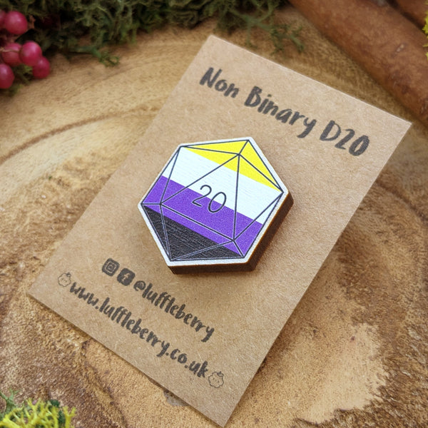 Non Binary Pride D20 Pin Badge - Luffleberry